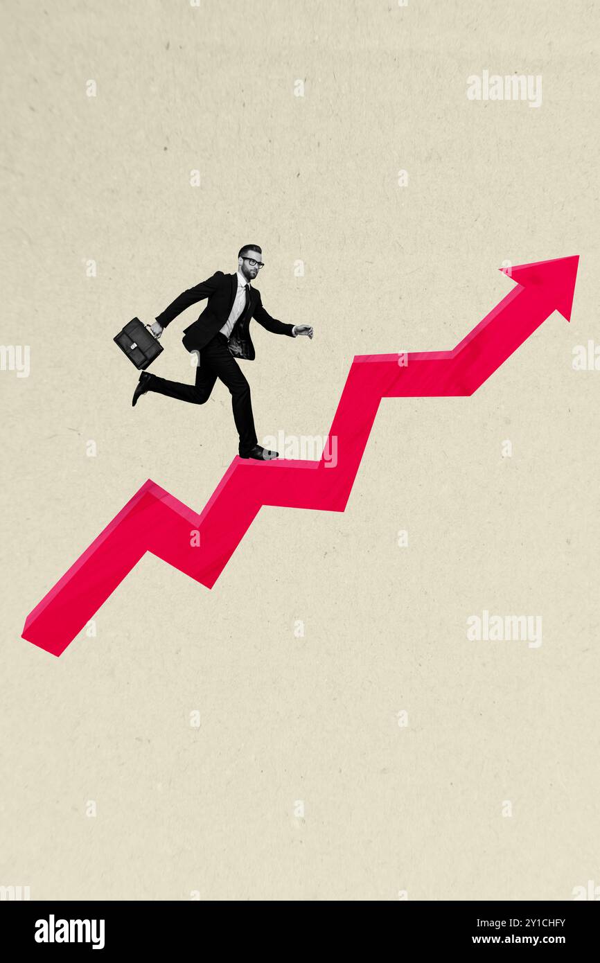 Vertical collage image young businessman rush go upwards charts dymanic ...