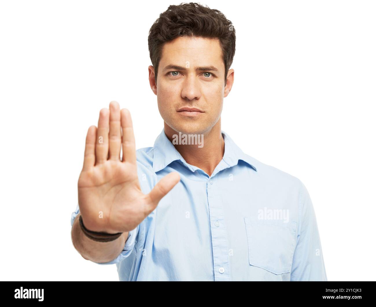 Stop, hand and portrait of man with sign for warning, danger or ...
