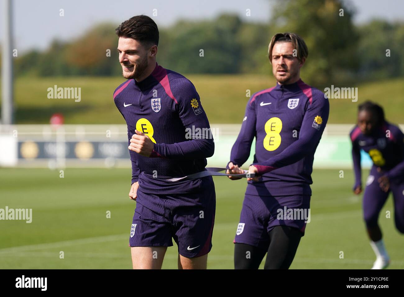 England's Declan Rice (left) and Jack Grealish during a training ...