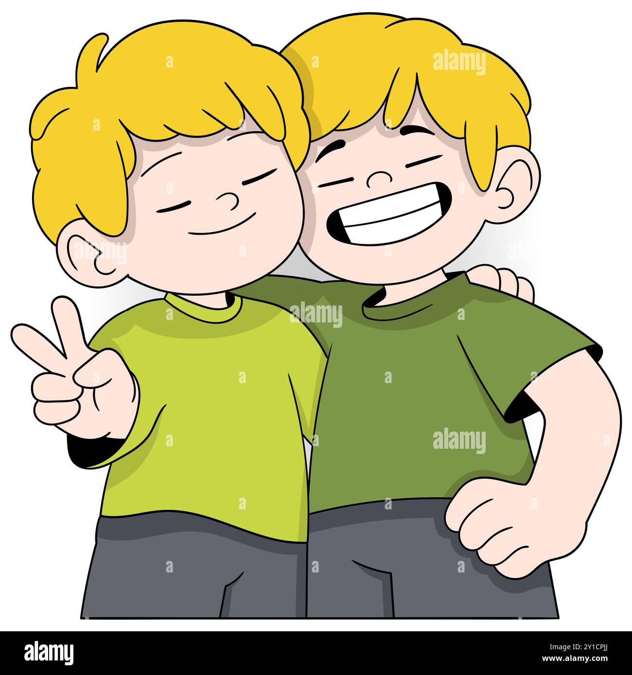 Two happy twin brothers share a moment of joy, one flashing a peace ...