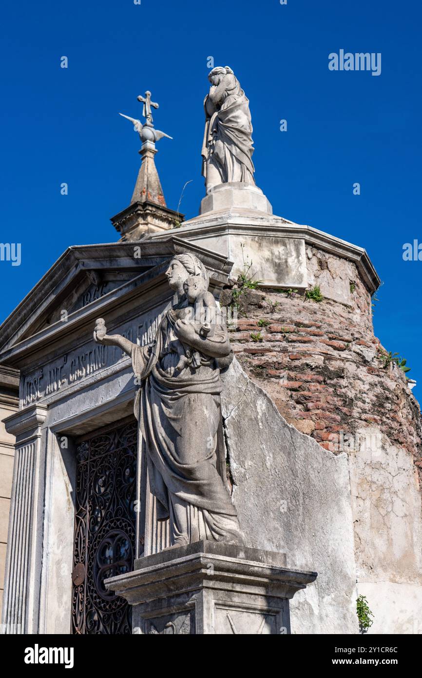 Statues on mausoleums in the Recoleta Cemetery in Buenos Aires ...