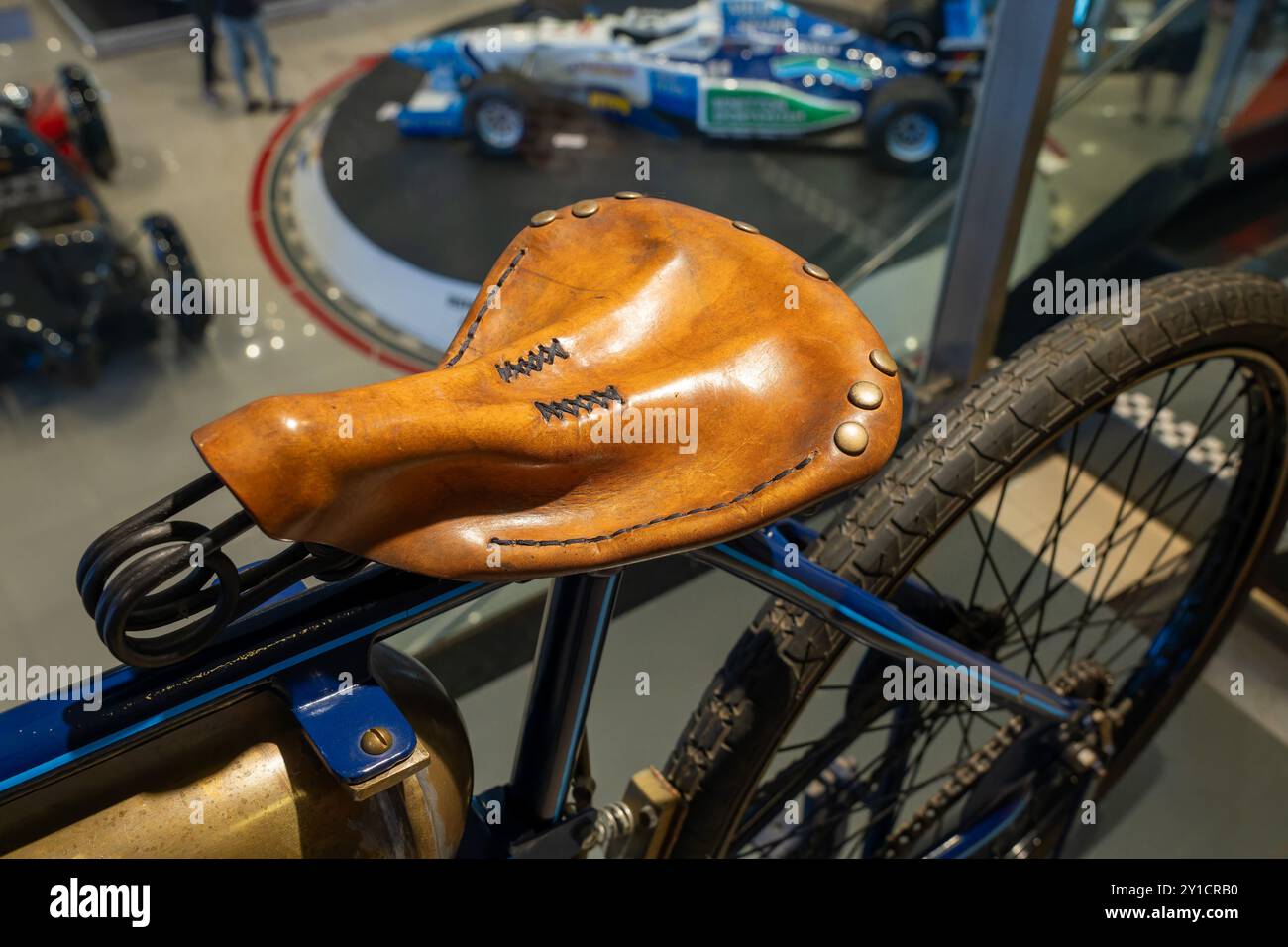 Detail of the leather seat of a vintage BMC motorcycle in the ...