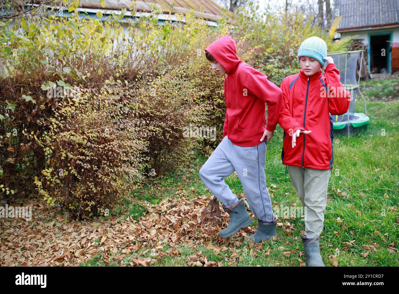 Two children in red and blue attire joyfully leap into a pile of dried ...