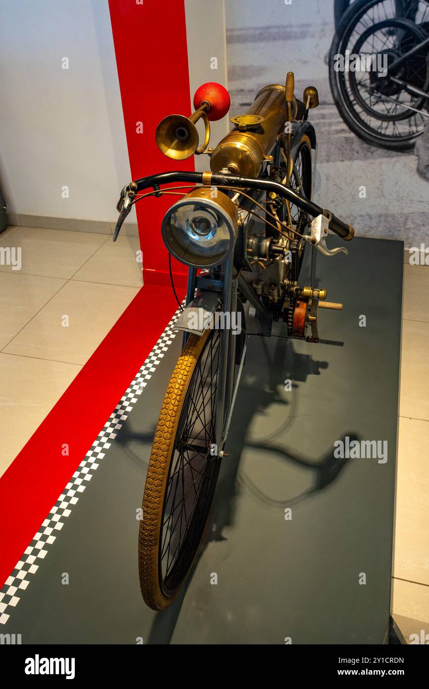 A vintage 1902 Clement motorcycle in the Automobile Museum of Termas de ...