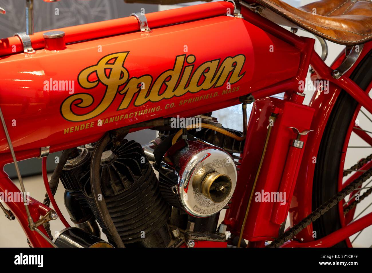 Detail of a custom-built 1912 Indian motorcycle replica in the Automobile Museum of Termas de ...