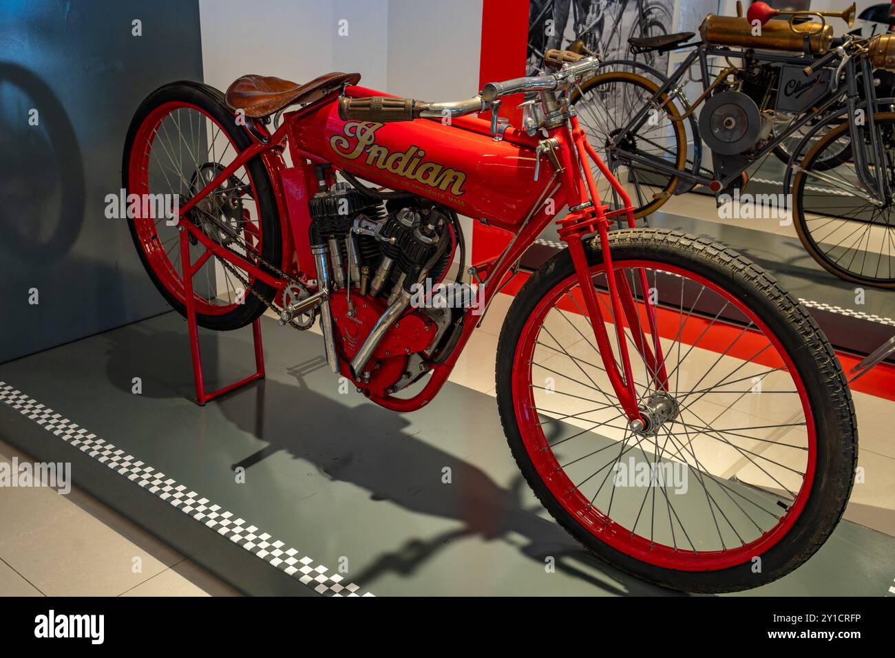 A custom-built 1912 Indian motorcycle replica in the Automobile Museum of Termas de Rio Hondo ...