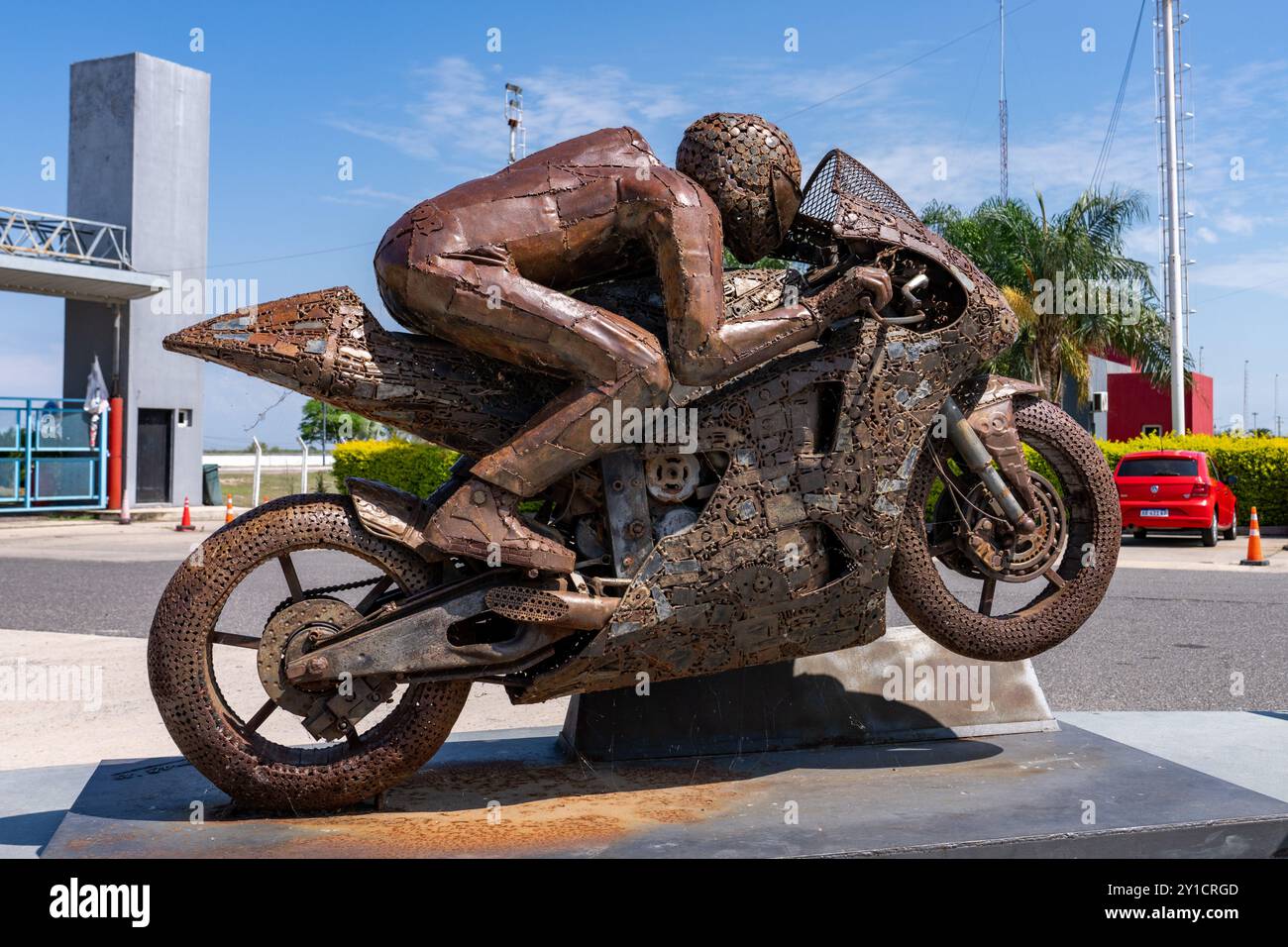 Welded metal sculpture of motorcycle racer Valentino Rossi at the ...