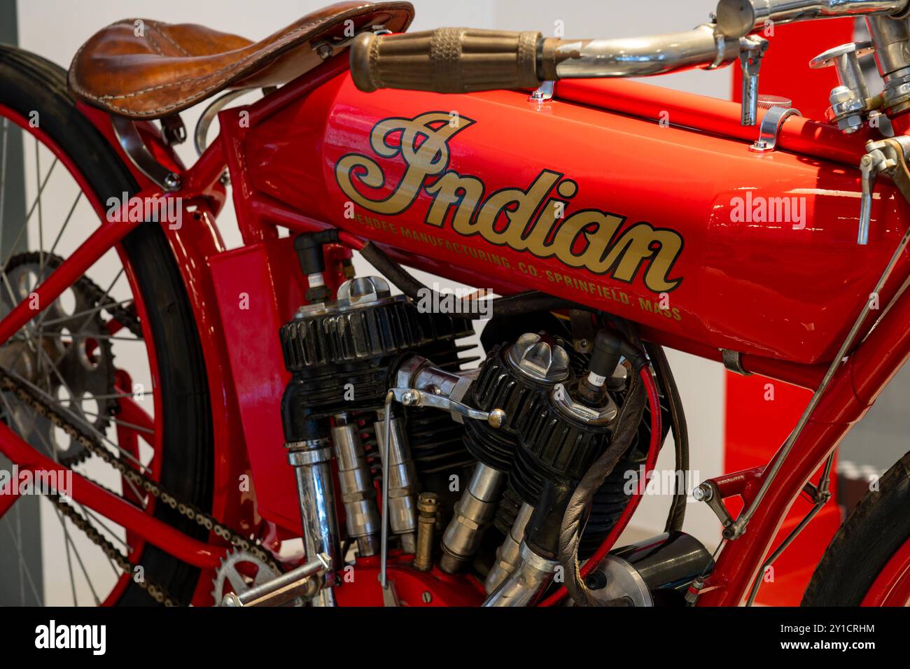 Detail of a custom-built 1912 Indian motorcycle replica in the Automobile Museum of Termas de ...