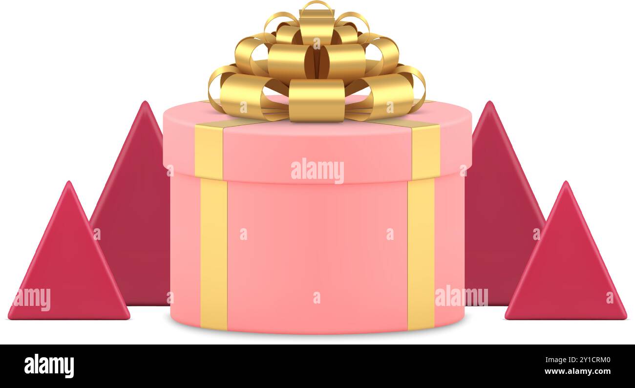 Cute girlish pink festive gift box with golden bow ribbon triangle ...