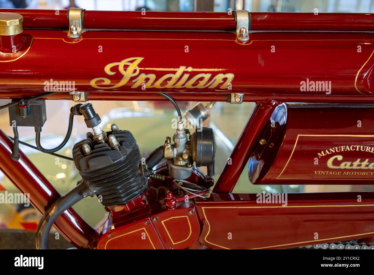 Detail of a custom-built replica 1912 Indian motorcycle in the ...