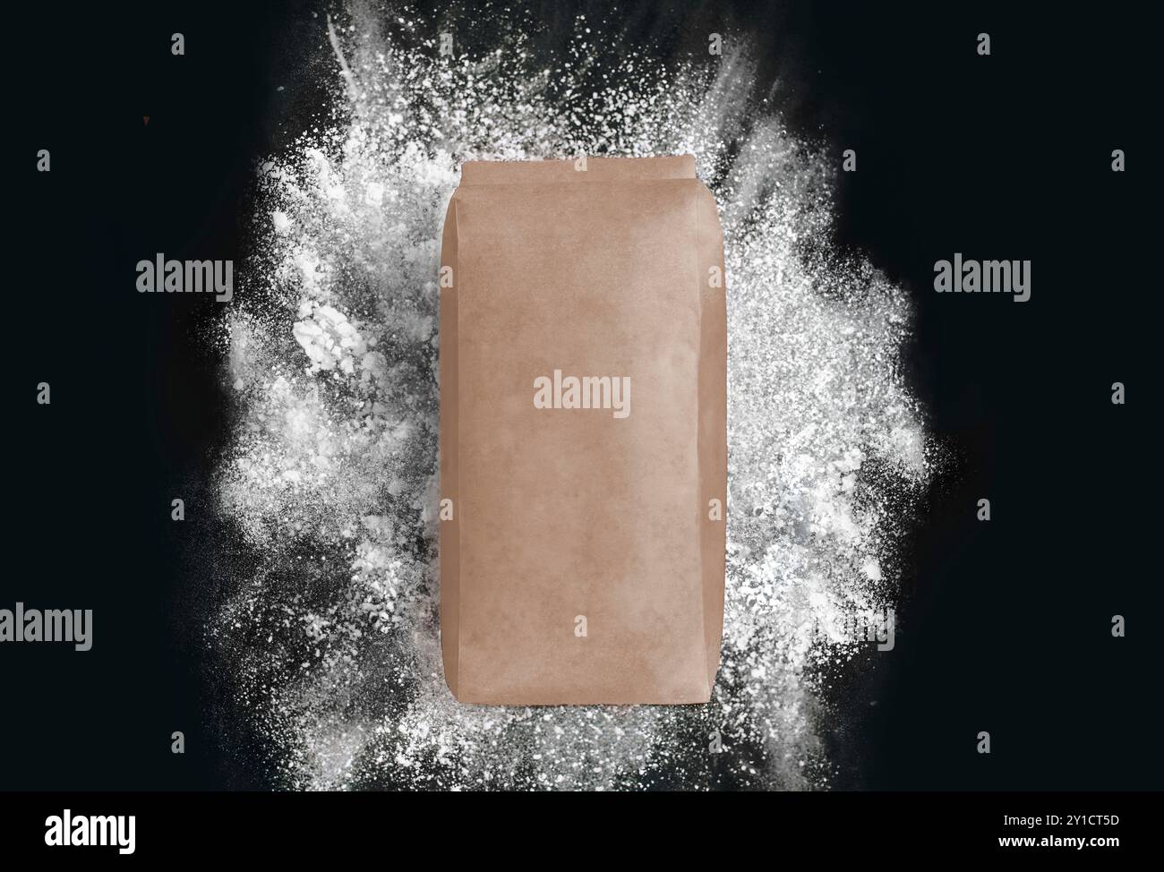 simple paper bag set against a dramatic flour explosion, illustrating ...