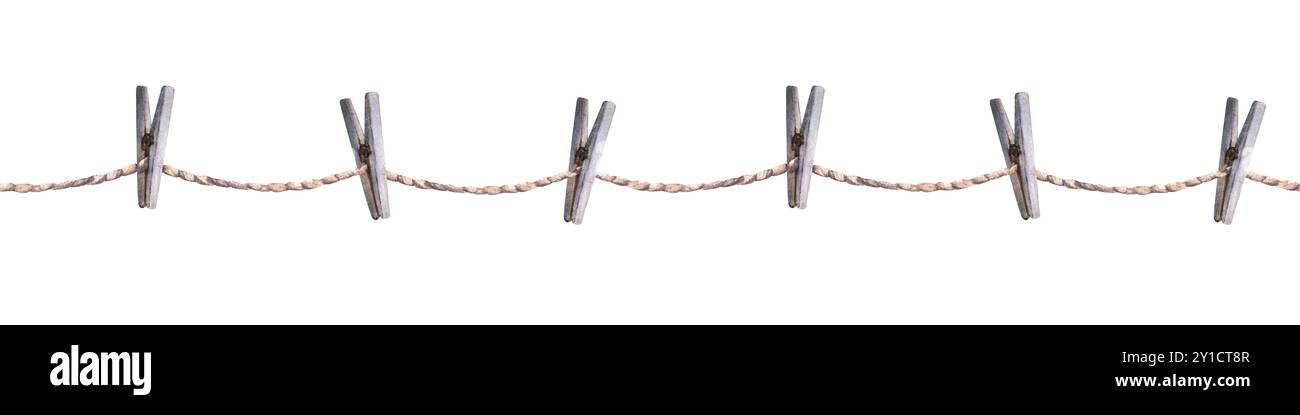 Wooden clothes pins on a rope. Seamless border pattern. Clothesline ...