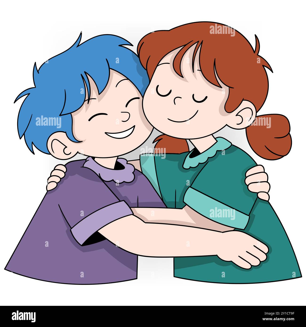 Two smiling children share a heartfelt hug, capturing the essence of ...