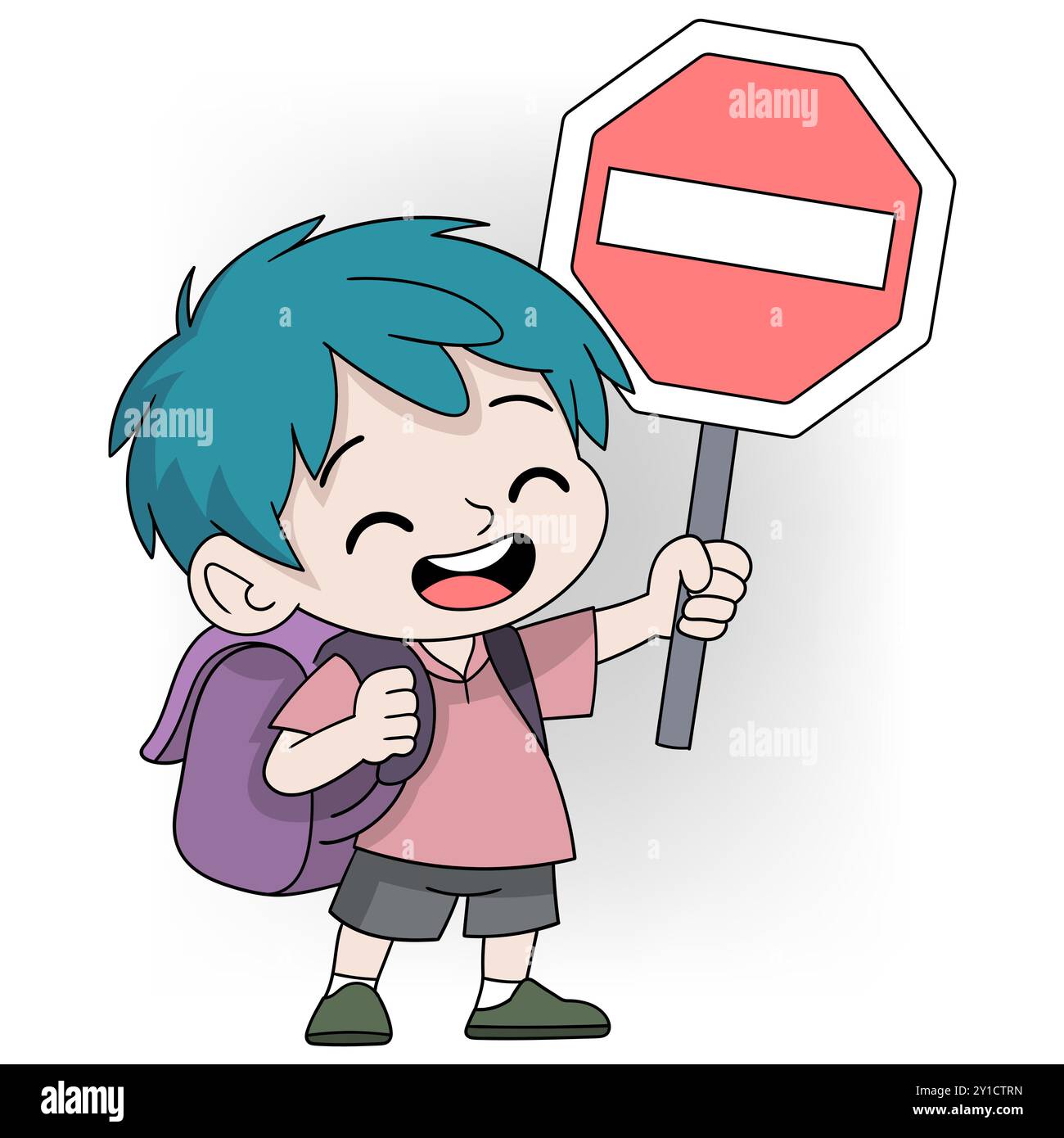 A cheerful illustration of a cartoon boy with blue hair holding a no ...