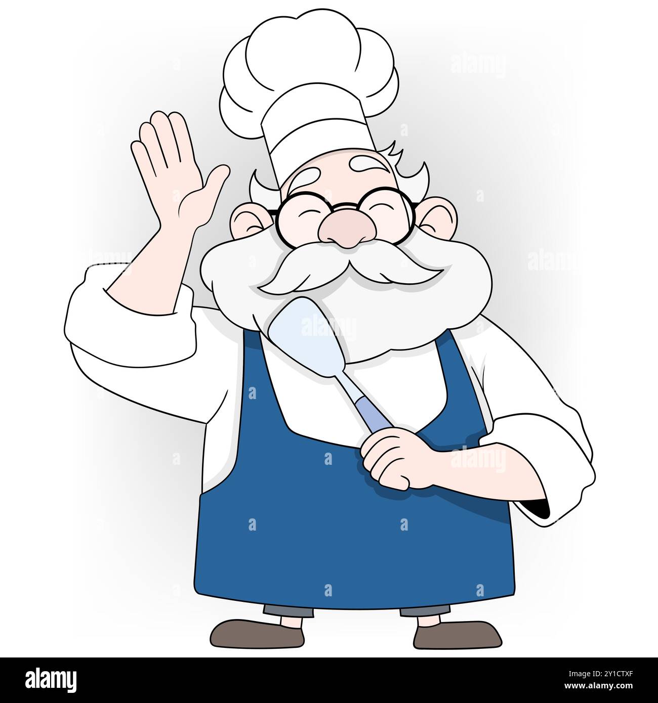 An illustration of a joyful senior chef with a white beard and glasses ...
