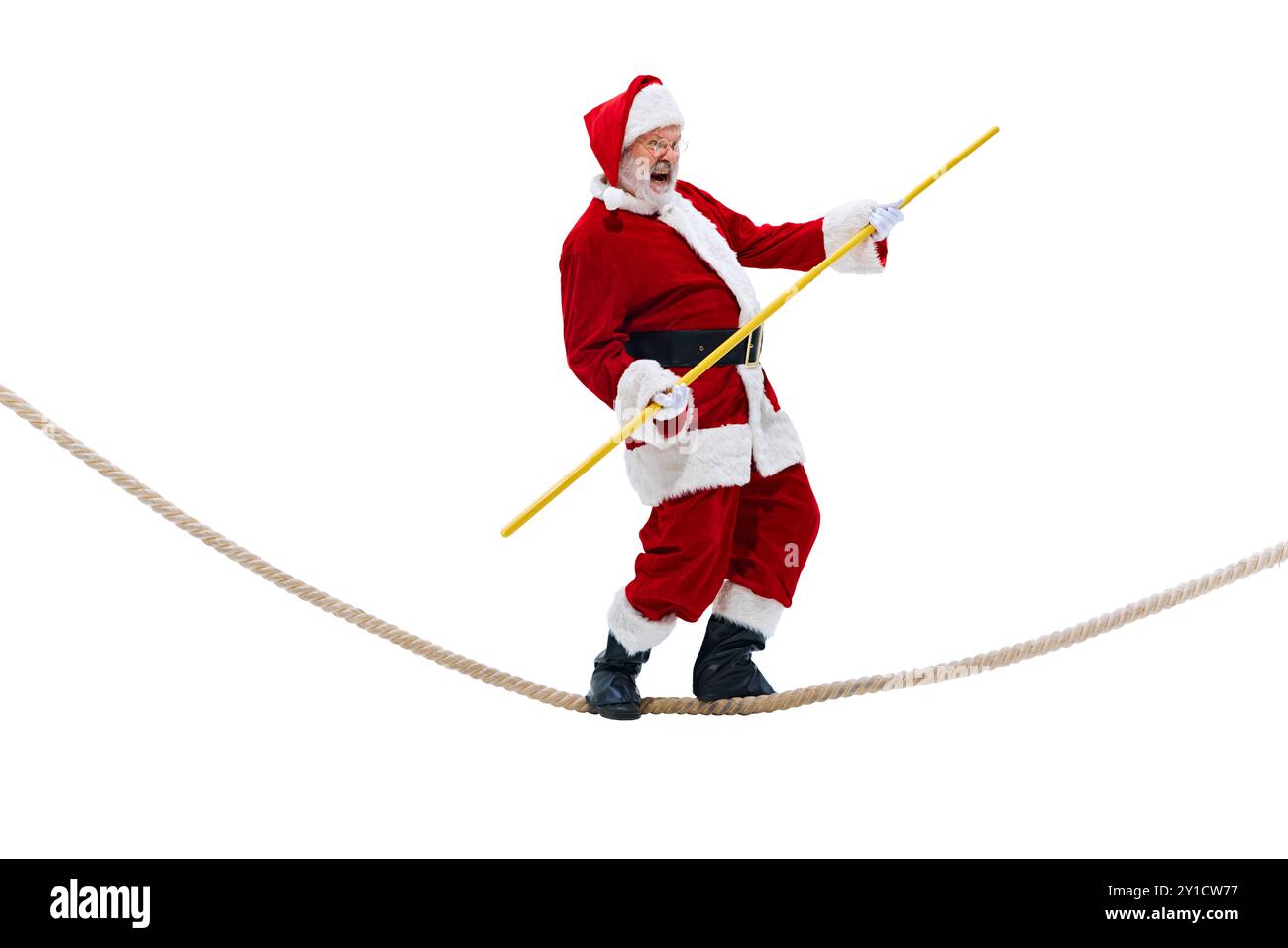 Santa, balancing on tightrope with long pole, looks surprised and ...