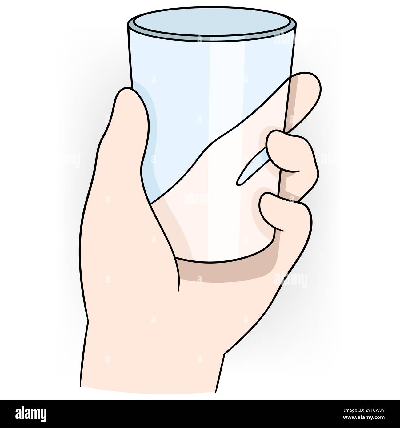 This vector illustration depicts a hand grasping a glass of water ...