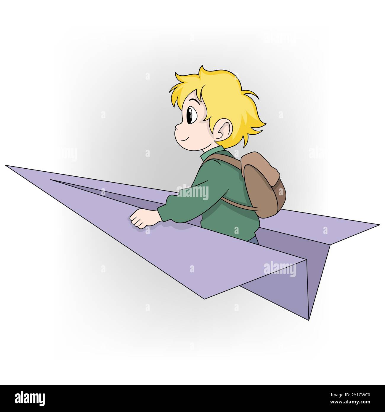 A cartoon boy with blond hair is seen riding a purple paper airplane ...