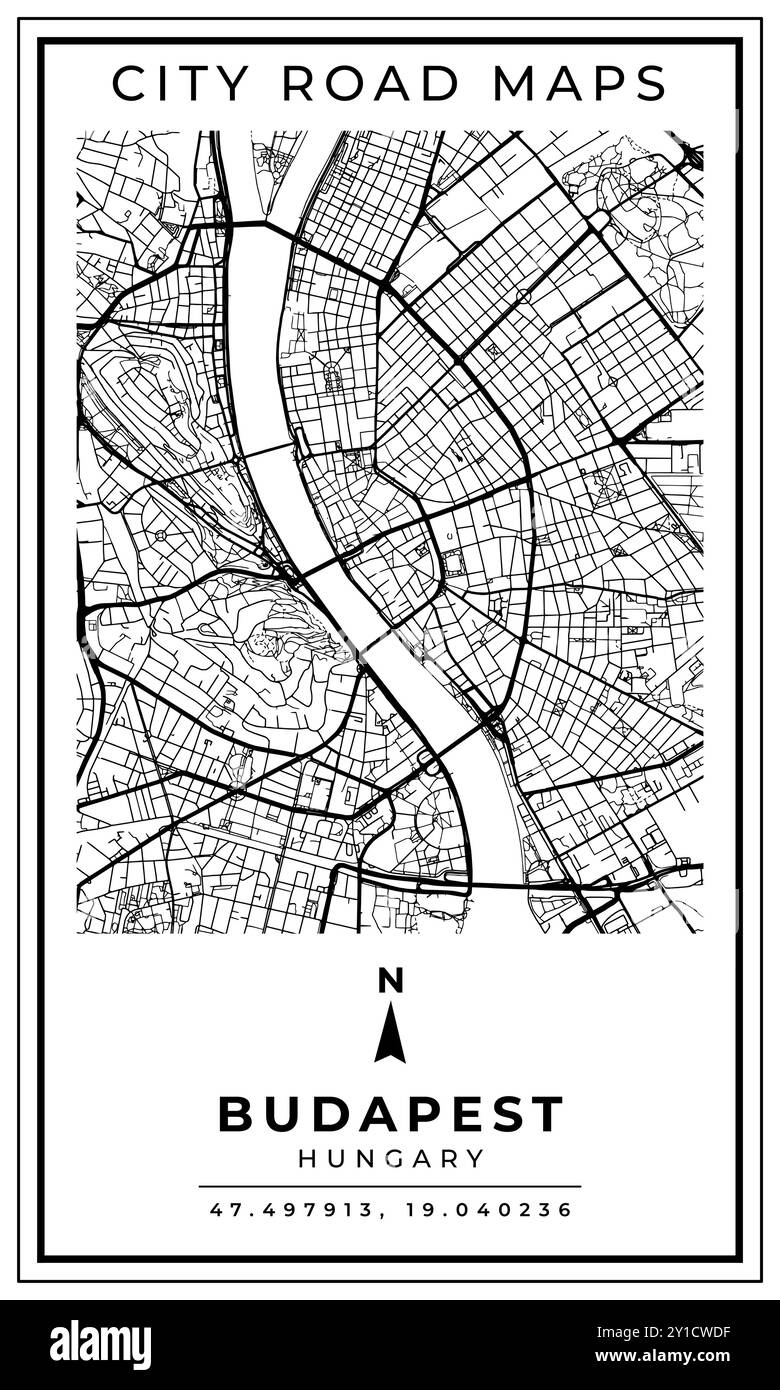 Monochrome Line Art Map of Budapest Capital City of Hungary, Illustration and home decoration ...