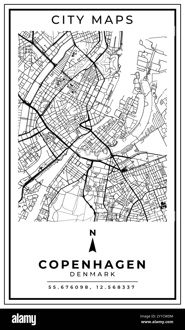 Monochrome Line Art Map of Copenhagen Capital City of Denmark, Illustration and home decoration ...