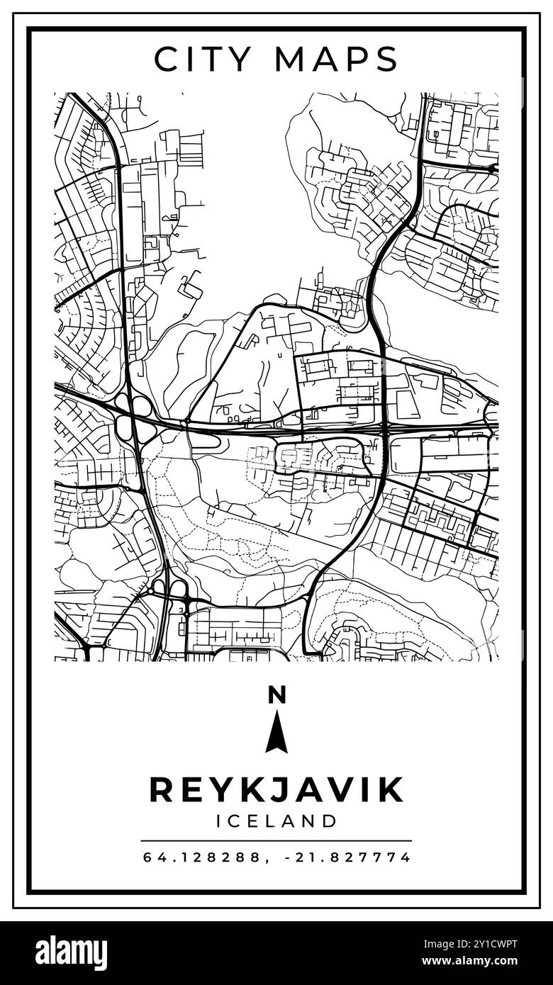 Monochrome Line Art Map of Reykjavik Capital City of Iceland, Illustration and home decoration ...