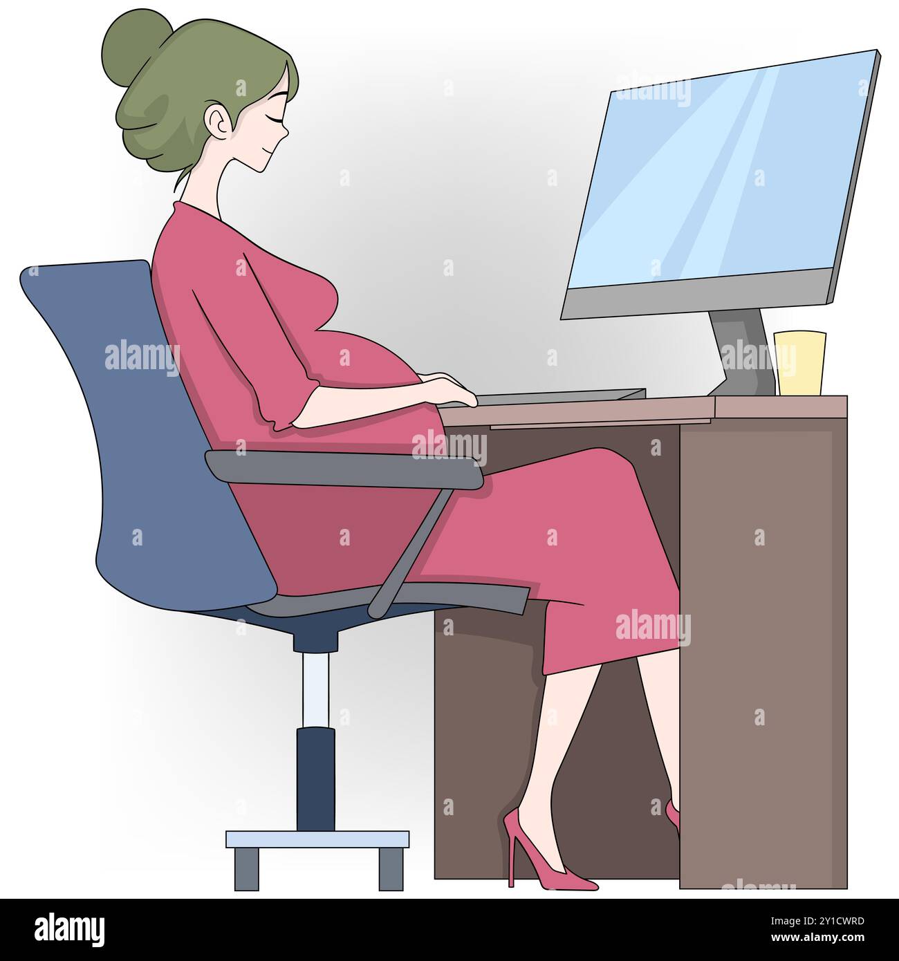 An illustration of a hardworking pregnant woman typing at her computer ...