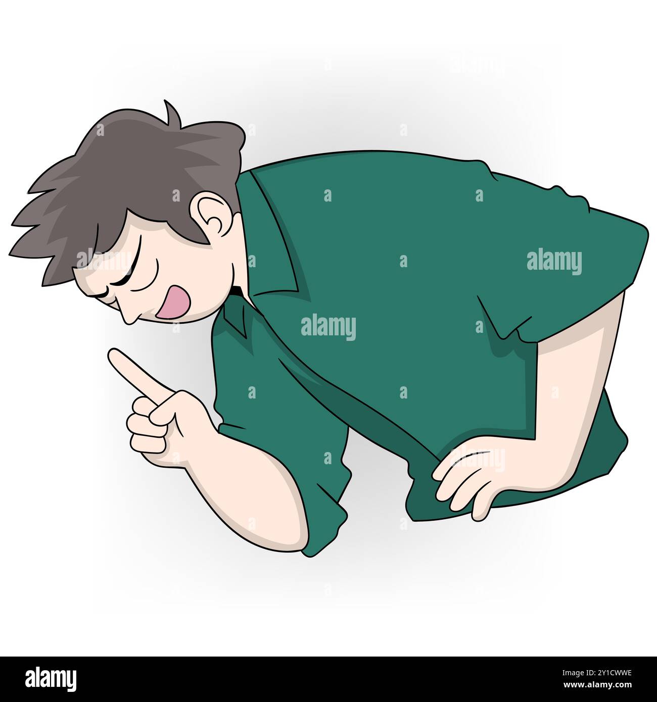 This image depicts a cartoon character with dark hair leaning forward ...