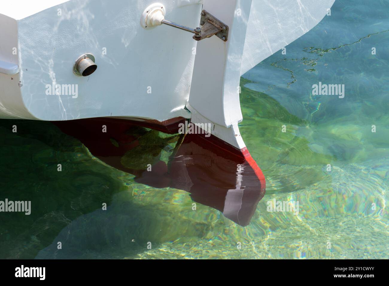 Stern of boat with rudder, steering mechanism Stock Photo - Alamy