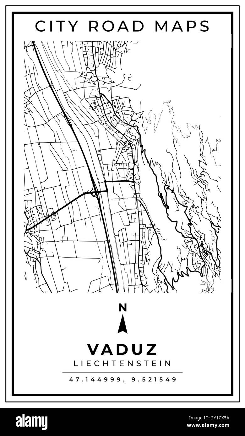 Monochrome Line Art Map of Vaduz City of Liechtenstein, Illustration ...