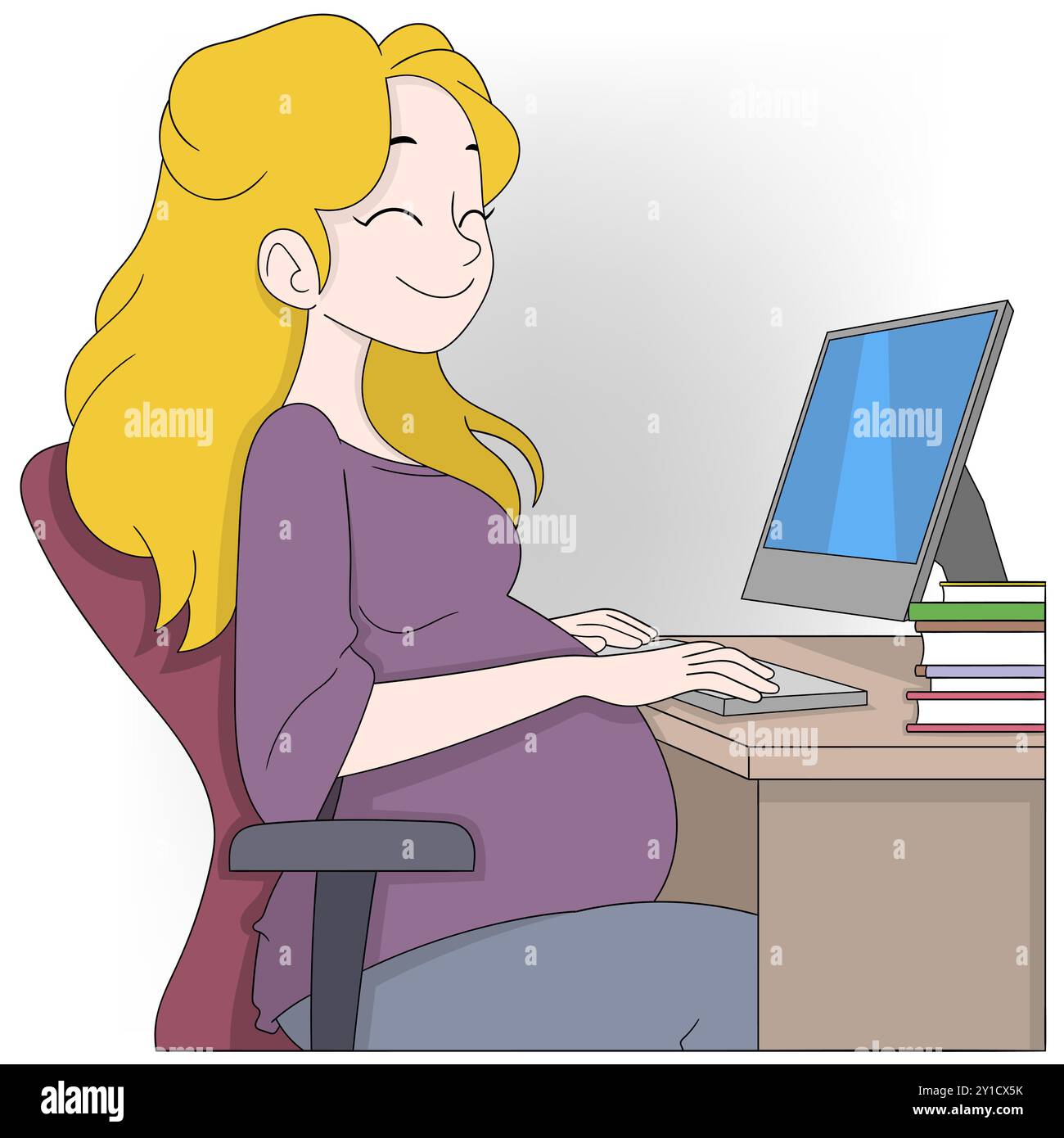 An illustration of a dedicated pregnant woman working at her computer ...
