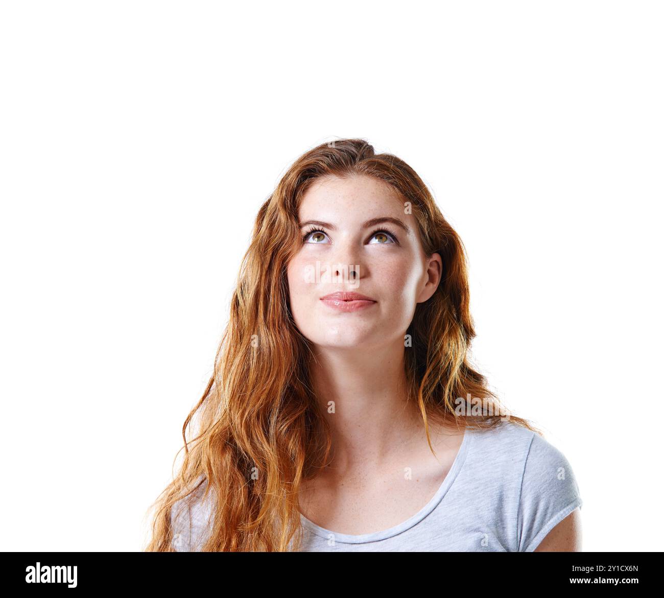 Thinking, looking up and woman with ideas, choice and model isolated on ...