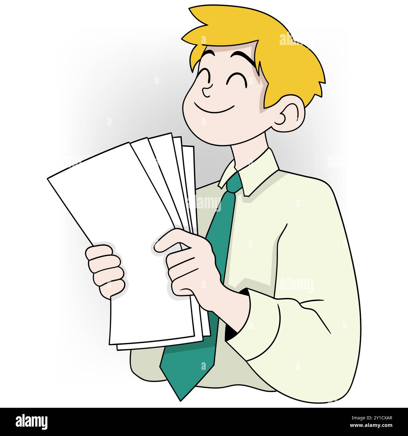 A cartoon illustration of a businessman running with a document in hand ...