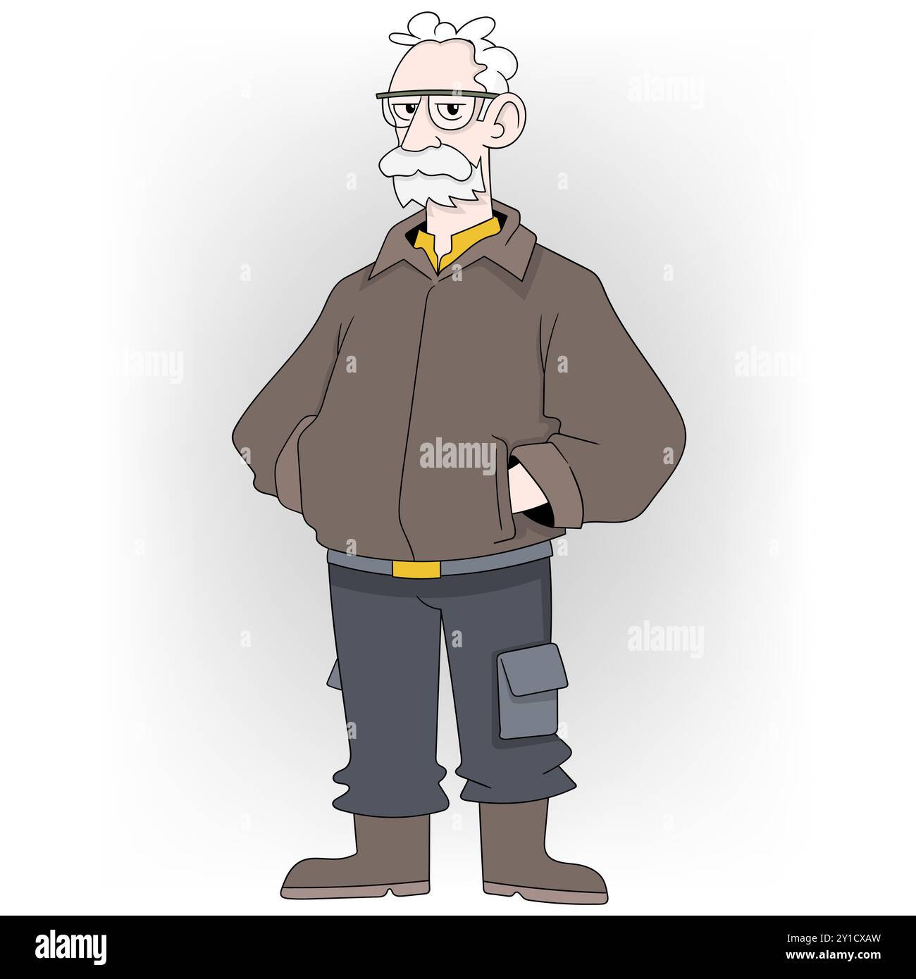 An illustration of a stern-looking security guard with white hair and ...