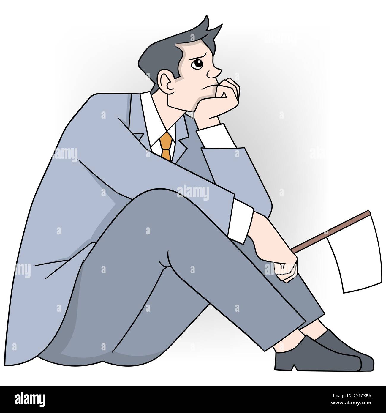 This illustration features a businessman in a suit, sitting on the ...