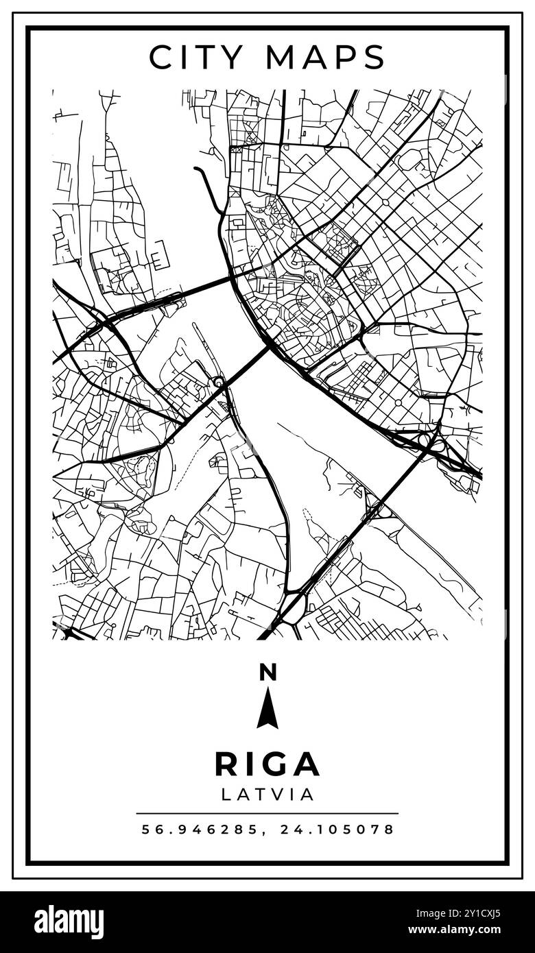 Monochrome Line Art Map of Riga Capital City of Latvia, Illustration ...