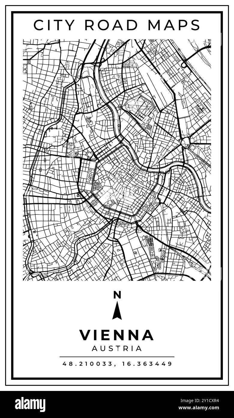 Monochrome Line Art Map of Vienna Capital City of Austria, Illustration ...