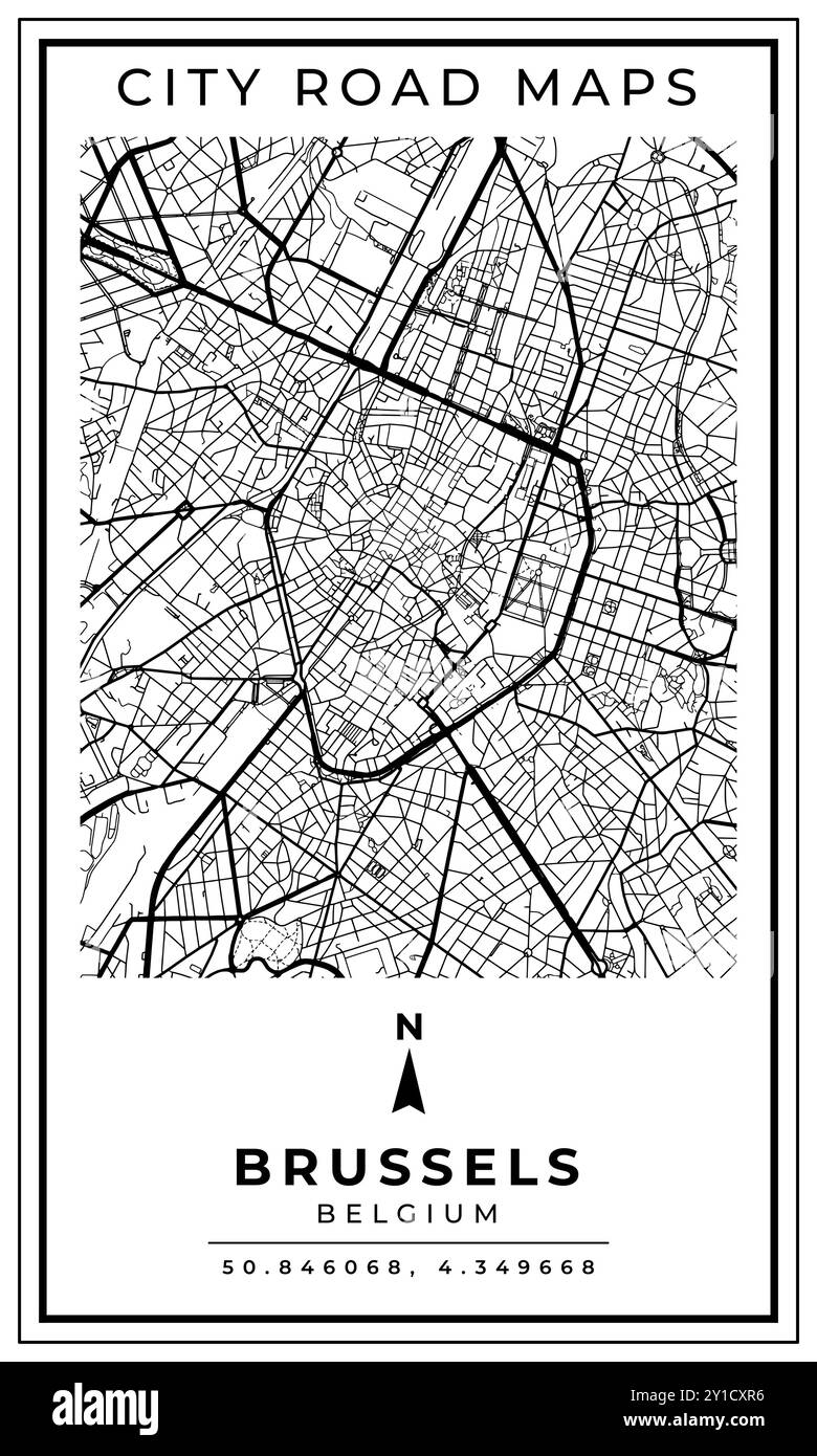 Monochrome Line Art Map of Brussels City of Belgium, Illustration and ...