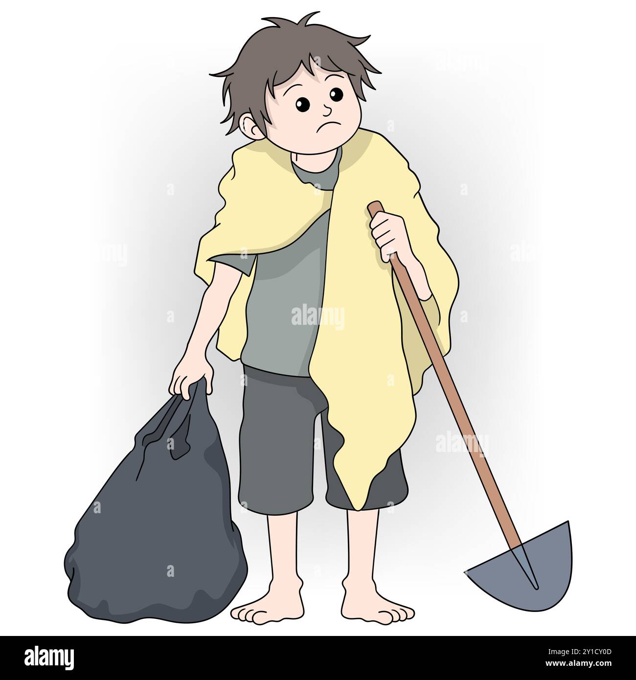 This poignant illustration depicts a young homeless boy holding a ...