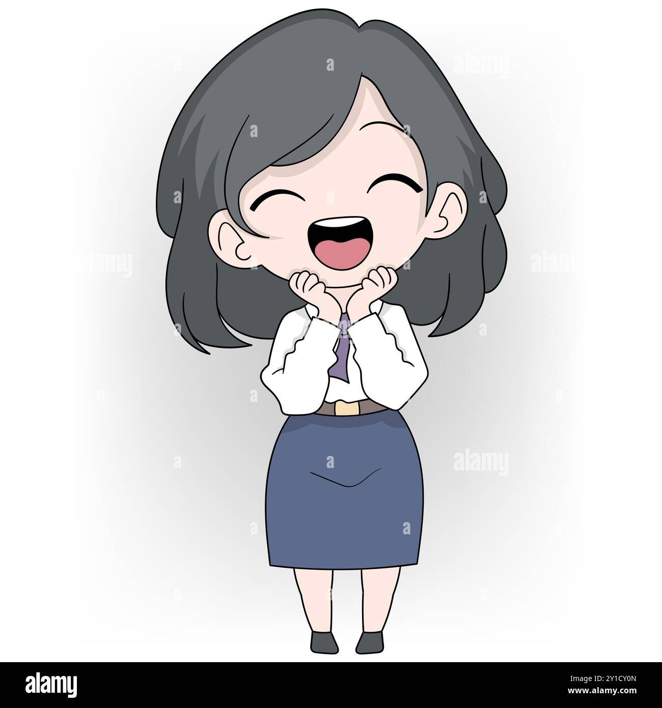 An illustration of a cheerful businesswoman with short dark hair ...