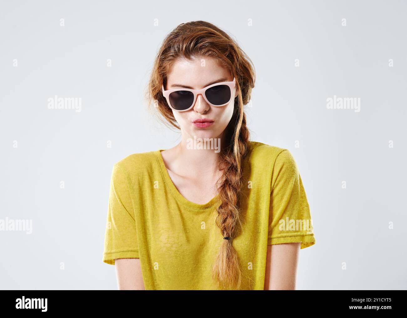 Studio, woman and portrait with sunglasses for fashion, casual outfit ...