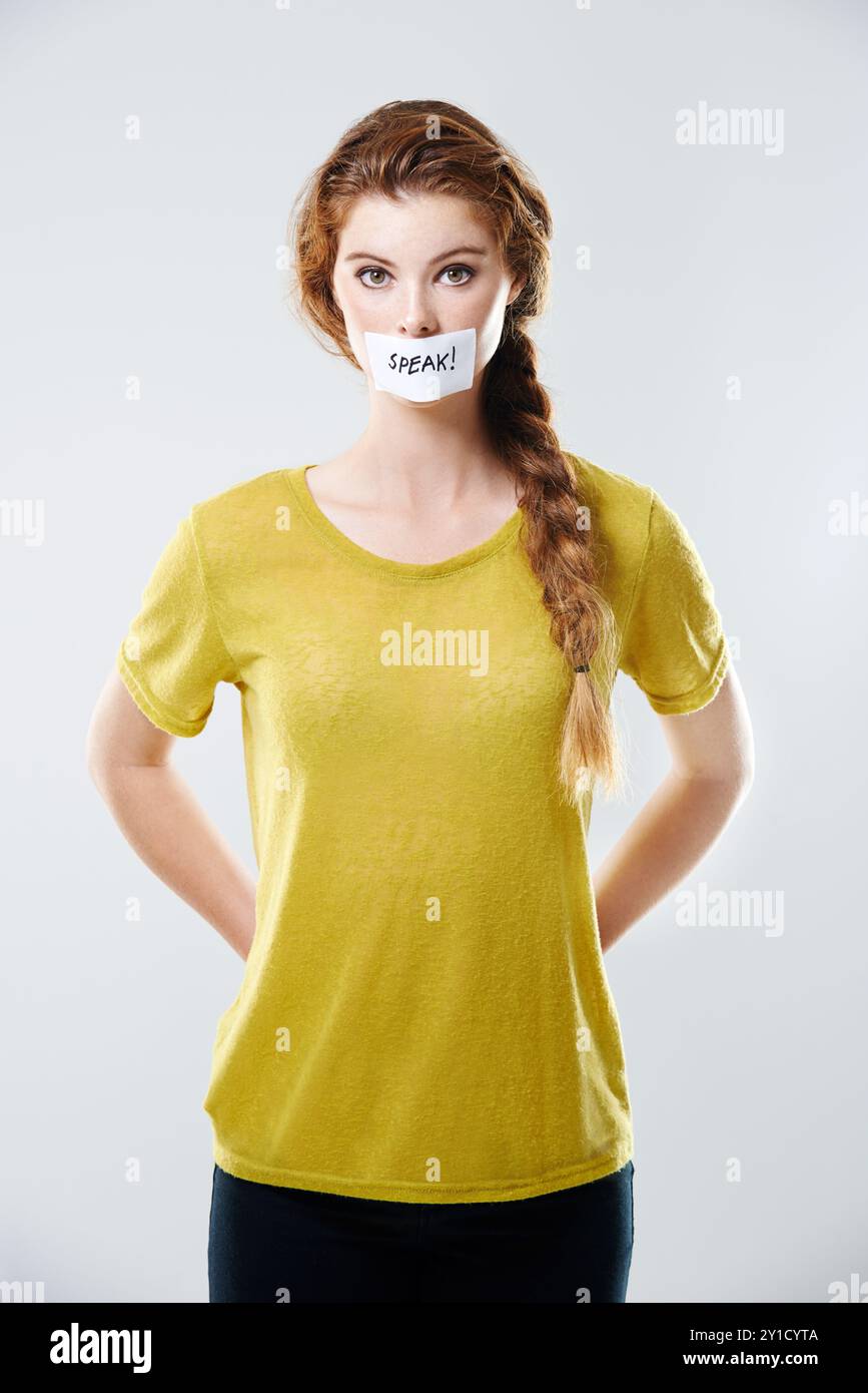 Portrait, silence and woman with label, speak and abuse survivor on ...