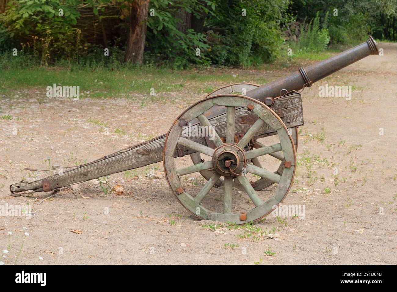 Old wooden cannon. Close-up of a military cannon used in the 16th and ...