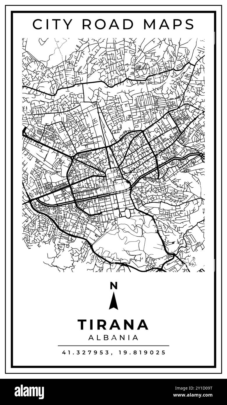 Monochrome Line Art Map of Tirana Capital City of Albania, Illustration ...