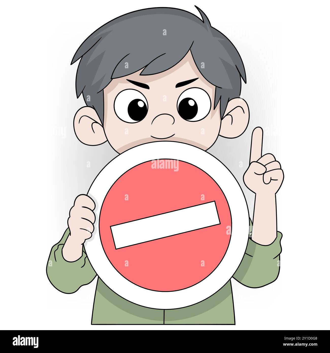 A cartoon illustration of a boy holding a red no entry sign with a ...