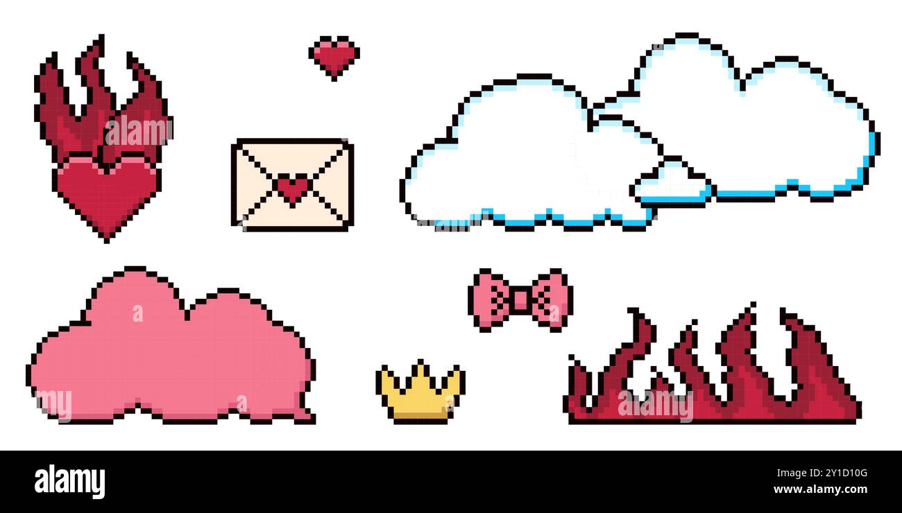 Set of pixel art dialogue box, heart, star, cloud. Speech bubbles in ...