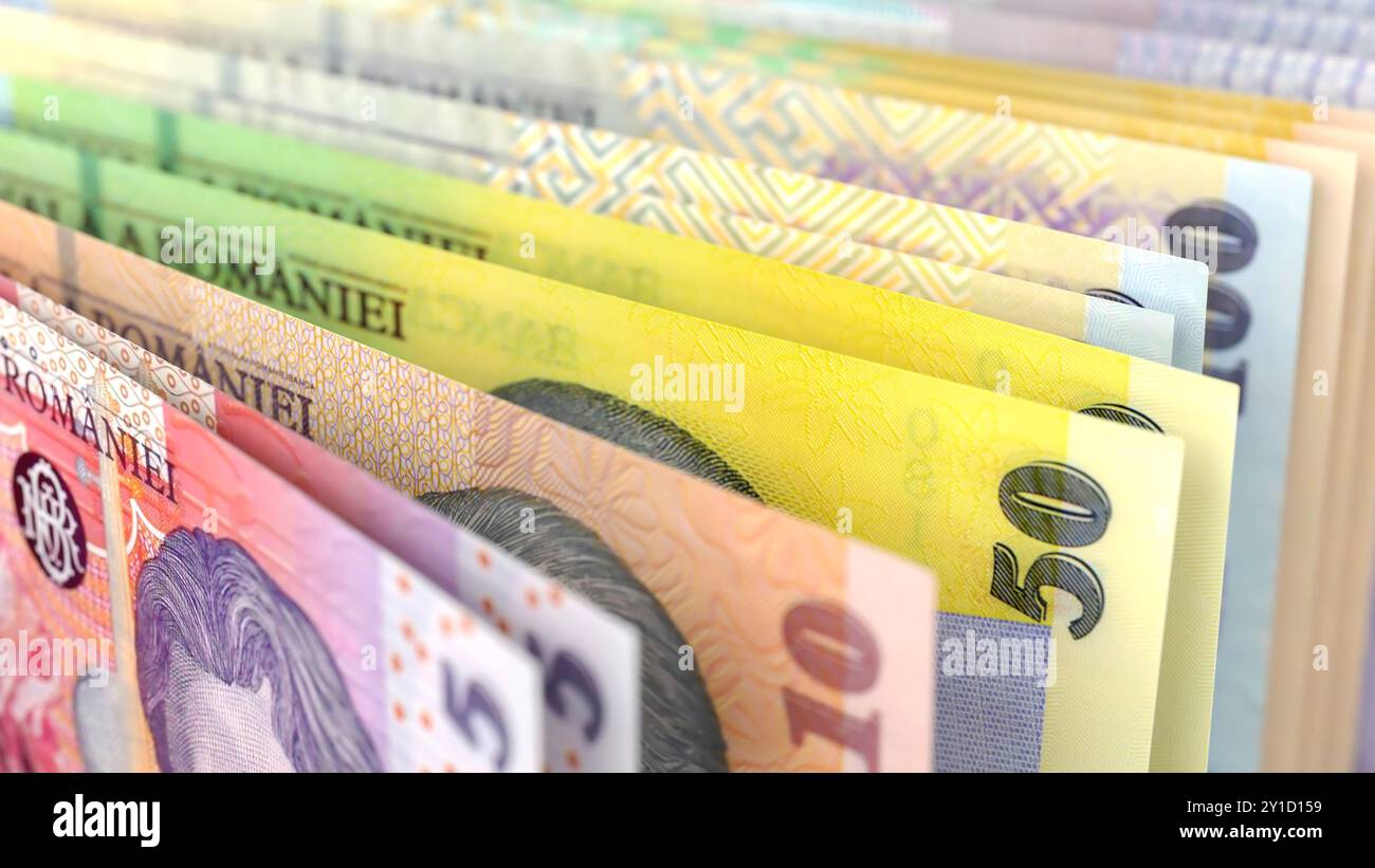 Close-up view of Romanian leu currency banknotes in different ...