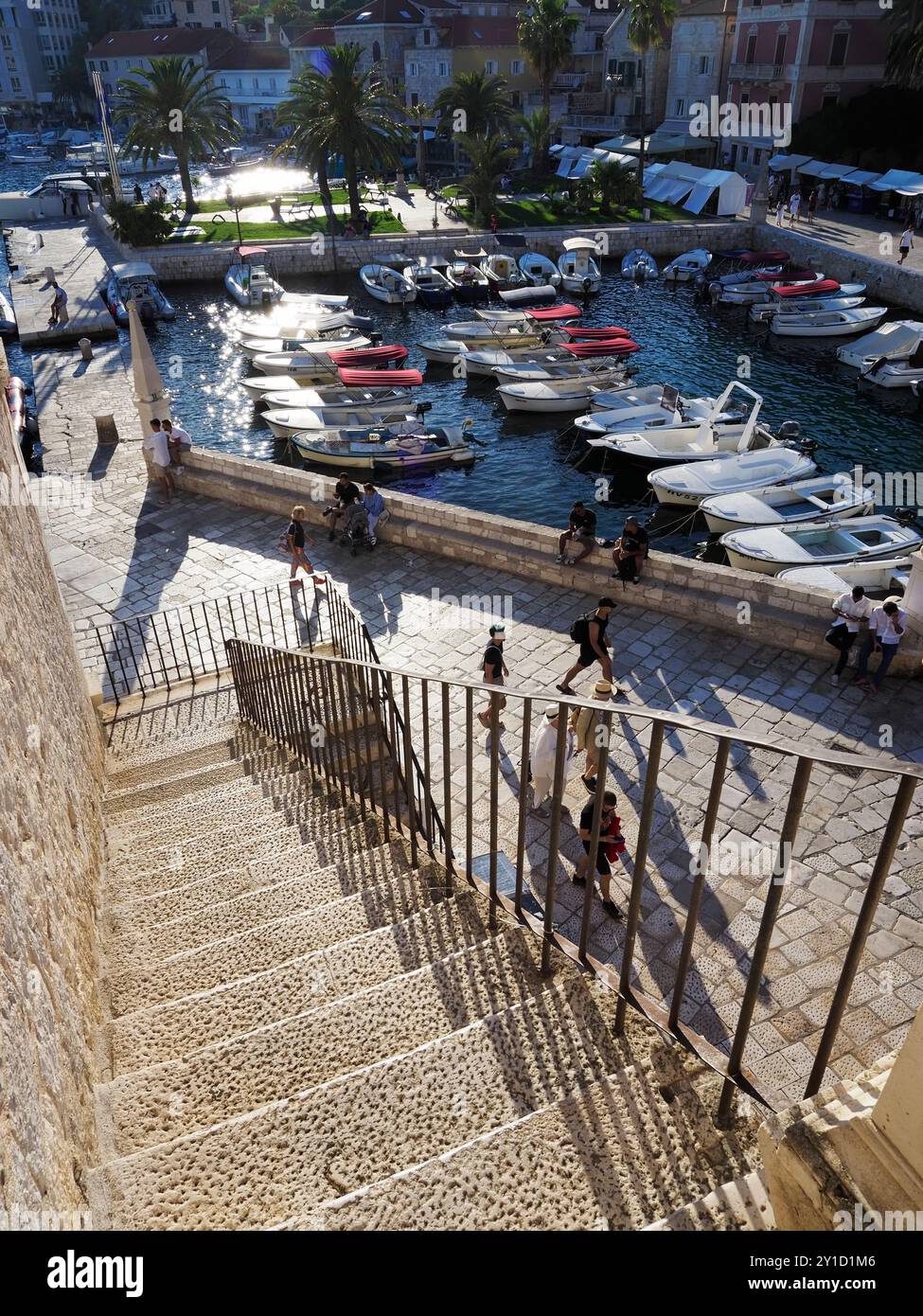 Port of Hvar from steps at Hvar Arsenal Hvar Town Hvar Dalmatia Croatia ...