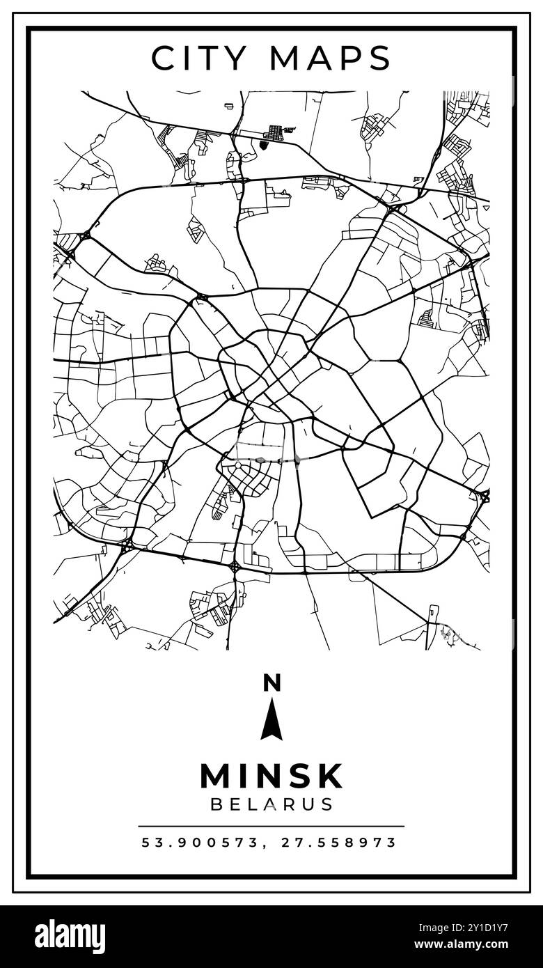 Monochrome Line Art Map of Minsk Capital City of Belarus, Illustration and home decoration Stock ...