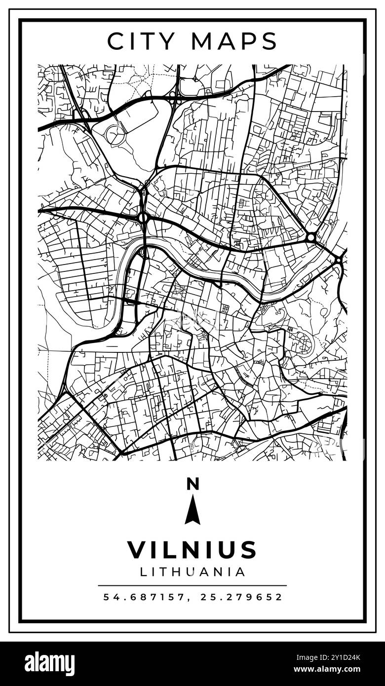 Monochrome Line Art Map of Vilnius Capital City of Lithuania ...