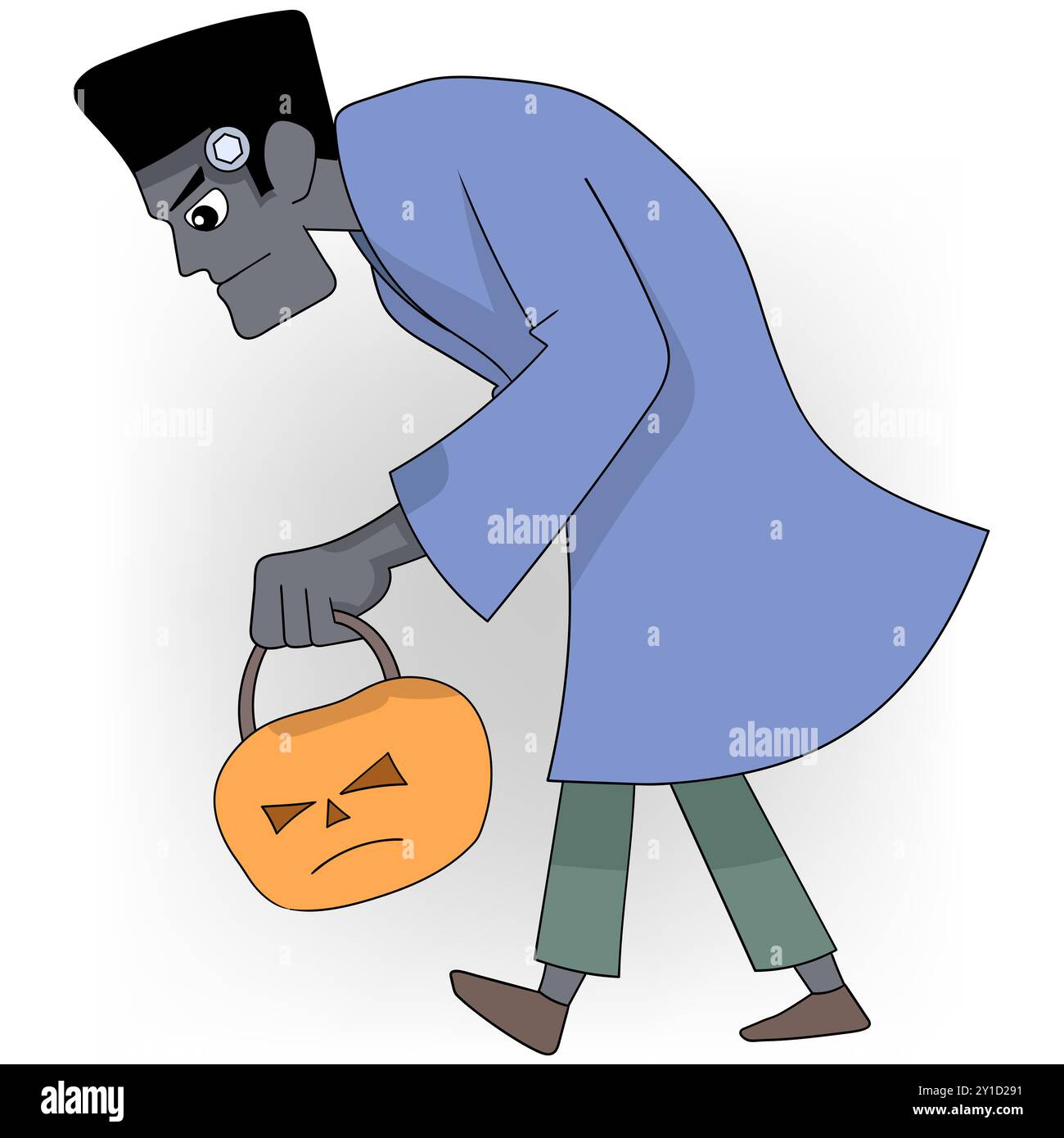 Halloween cartoon illustration, Frankenstein walking carrying a pumpkin ...